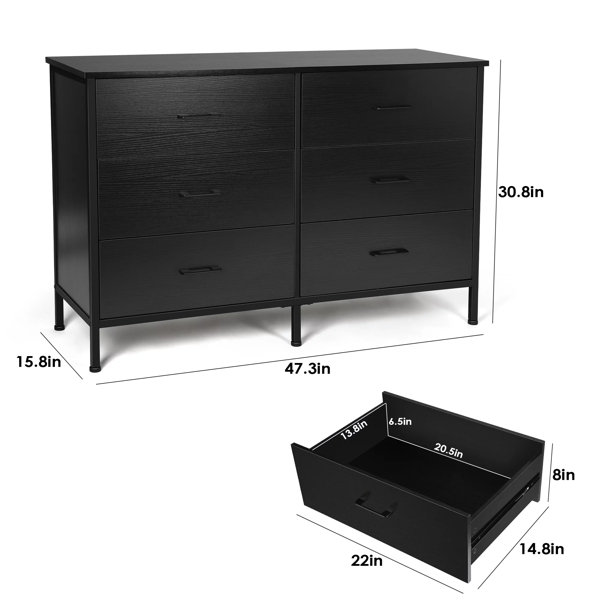 Ebern Designs 47.3'' Drawer Dresser, Wooden Chest Of 6 Drawers With Steel Frame, Modern Storage ...